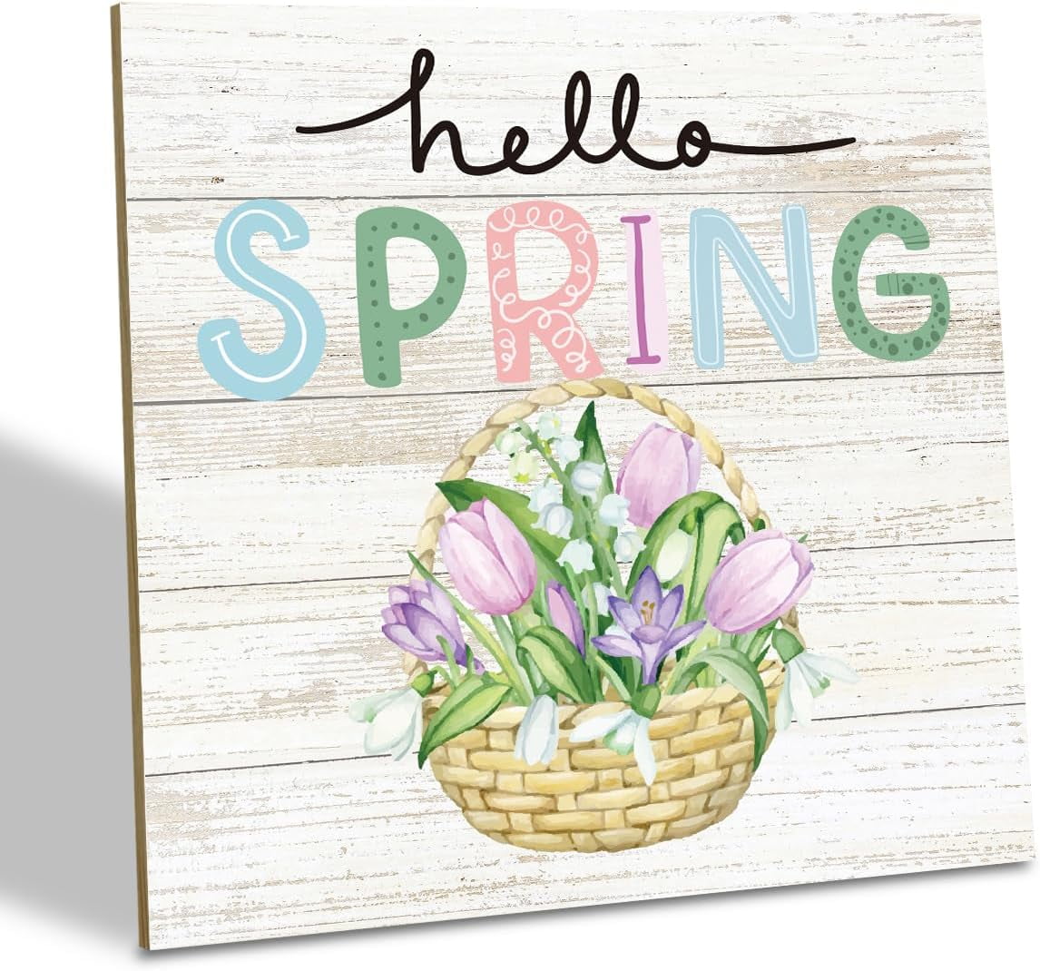Spring Decor, Hello Spring Sign, Wood Plaque Table Art Sign, Rustic ...