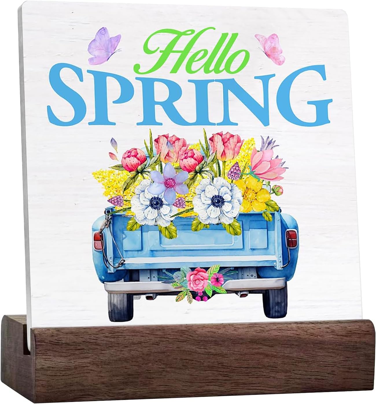 Spring Decor Hello Spring Floral Truck Ceramic Table Sign Home Desk ...
