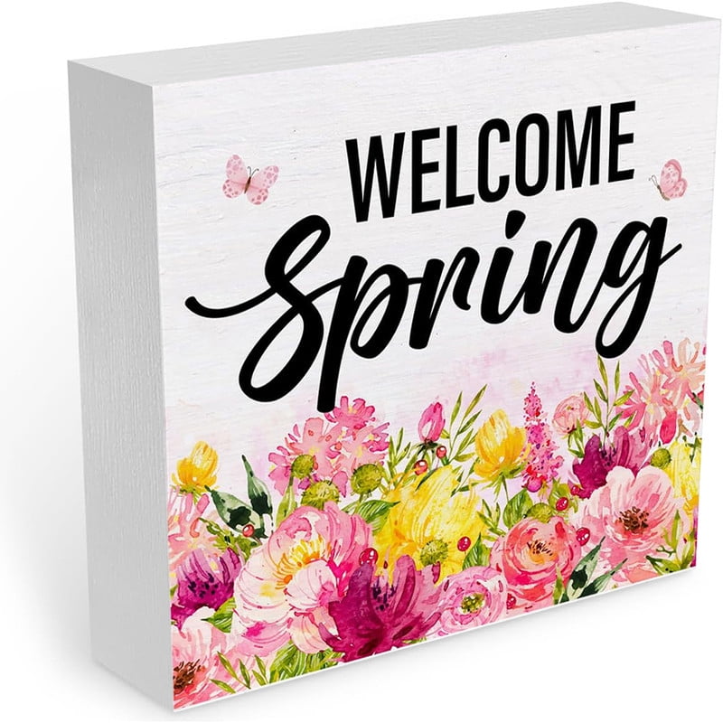 Spring Decor Rustic Welcome Spring Floral Wood Block Sign Farmhouse ...