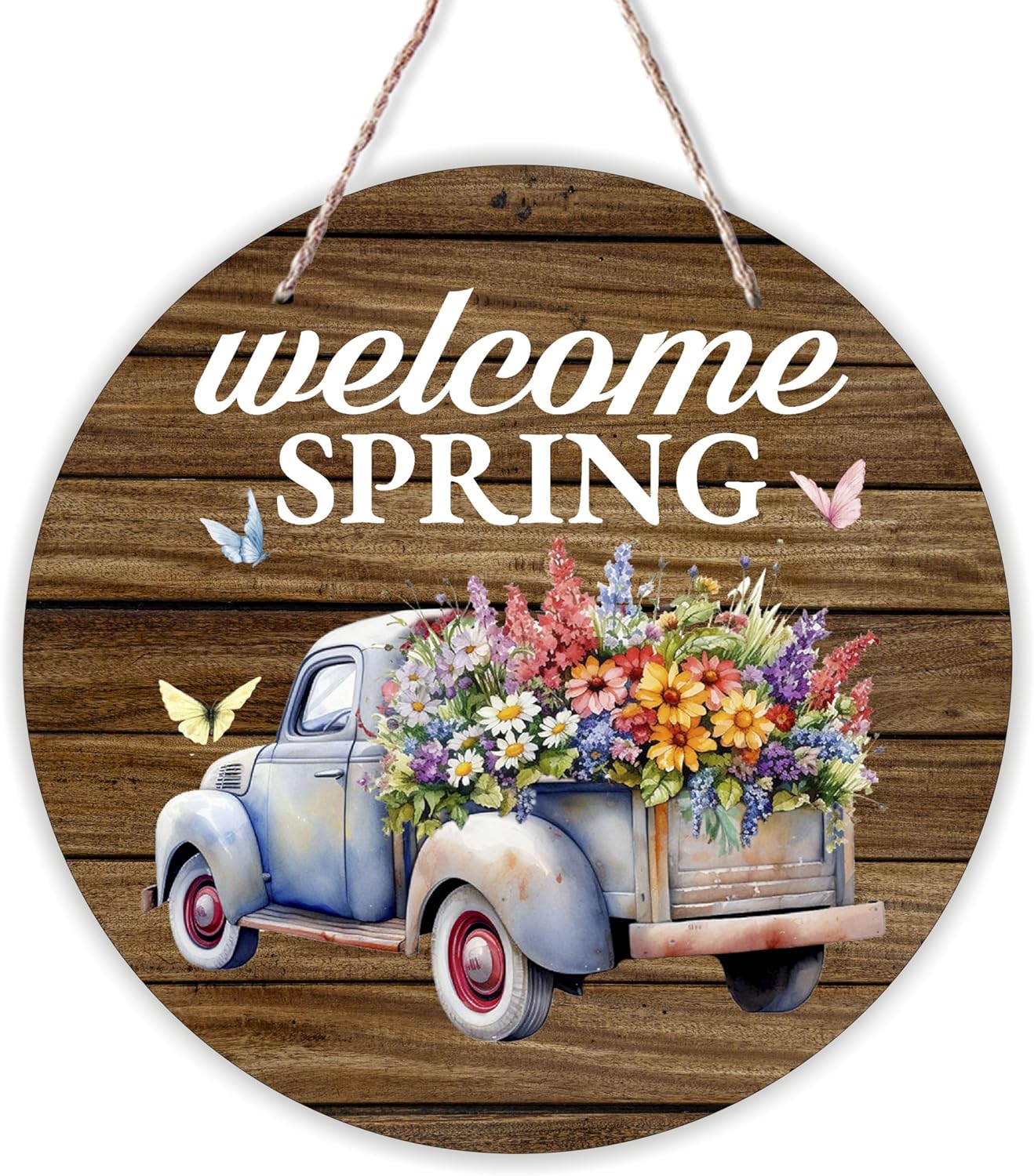 Spring Decor Welcome Spring Sign Front Door Round Wood Sign Hanging ...
