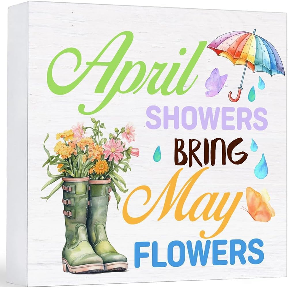 Spring Decor Wooden Box Signs Farmhouse April Showers Bring May Flowers ...
