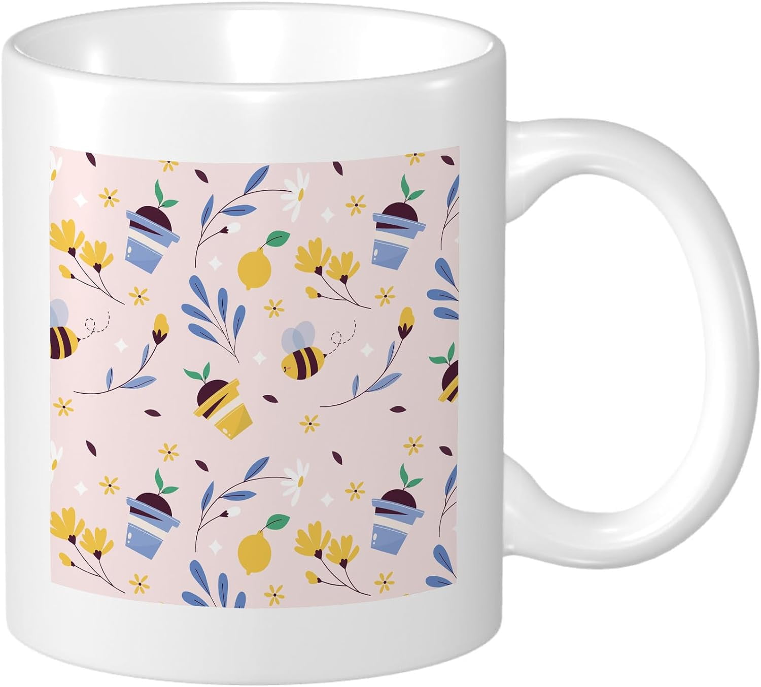 Spring Decorative Mug With Handles Cartoon Bee Flowers Grass Botanical ...