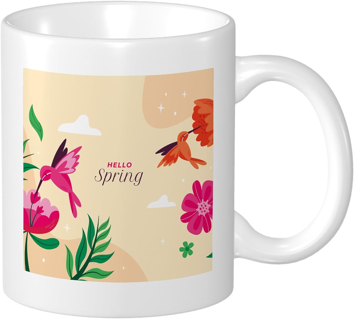 Spring Decorative Mug With Handles Cartoon Hummingbird Floral Leaf ...