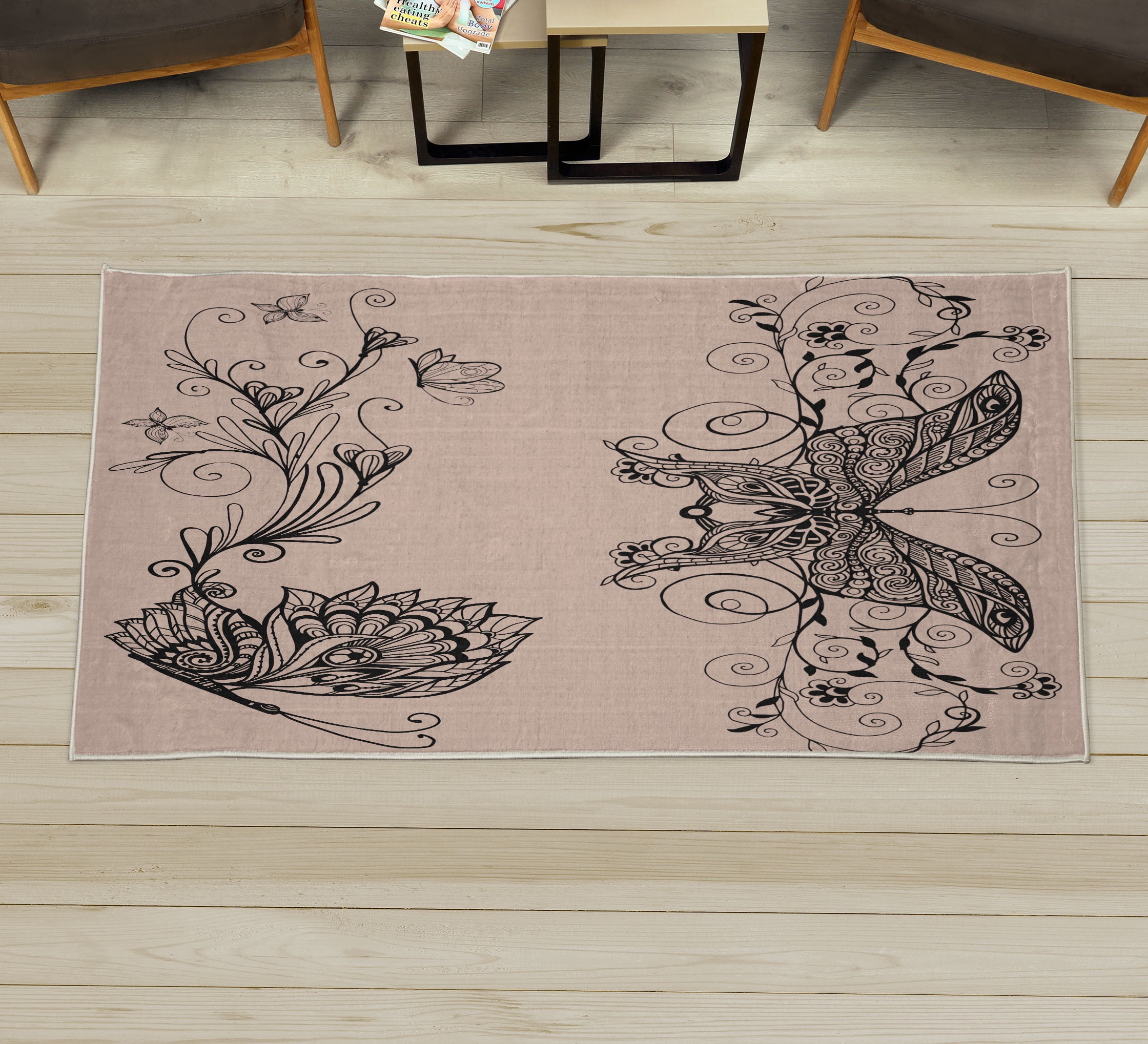 Spring Decorative Rug, Butterfly with Floral Mandala Pattern Bohemian ...