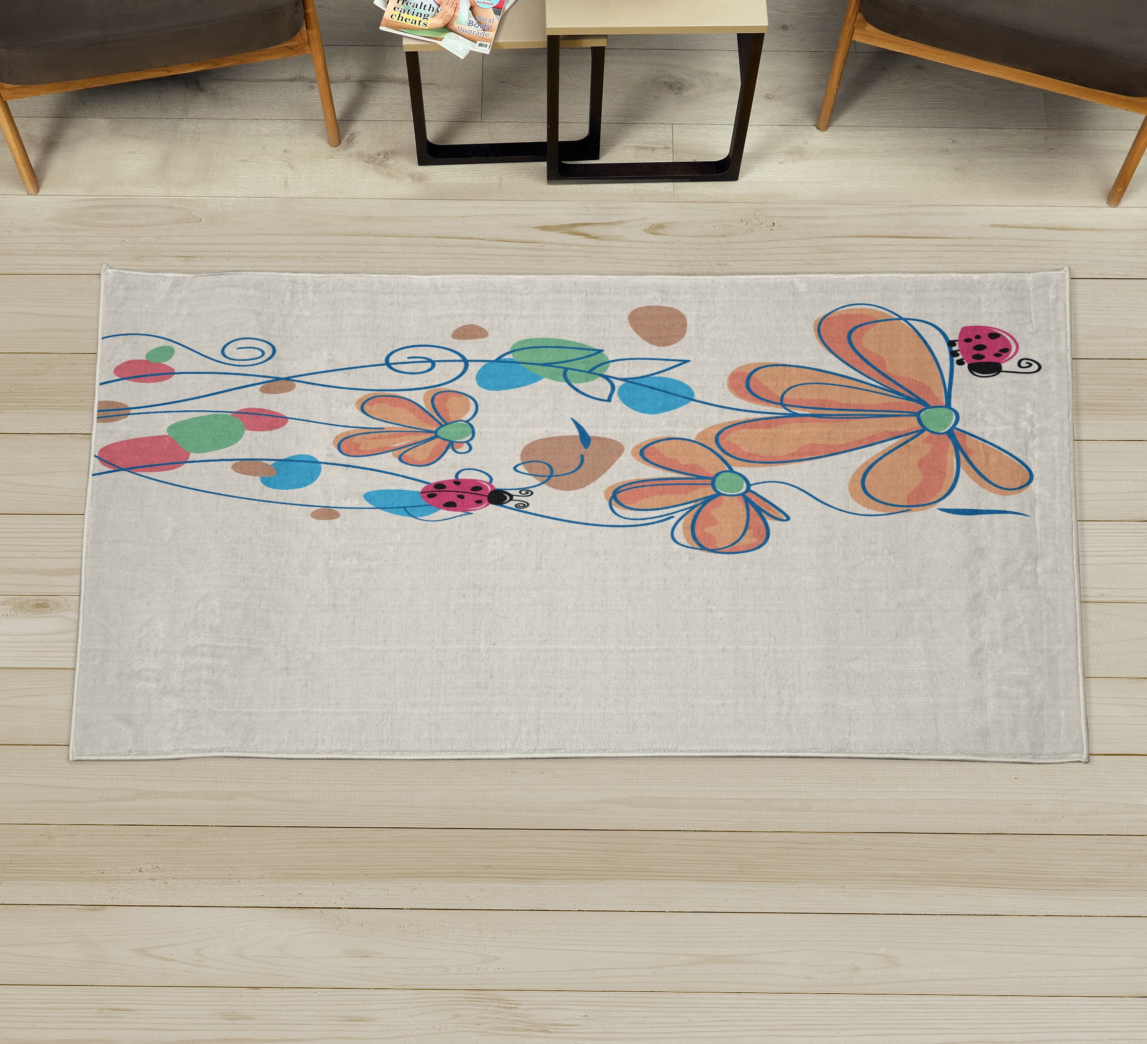 Spring Decorative Rug, Flowers Oval Dome-Shaped Ladybugs Illustration ...