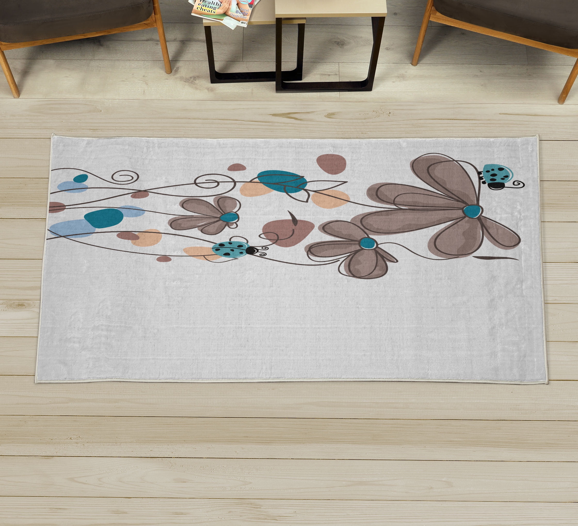 Spring Decorative Rug, Flowers Oval Dome-Shaped Ladybugs Illustration ...