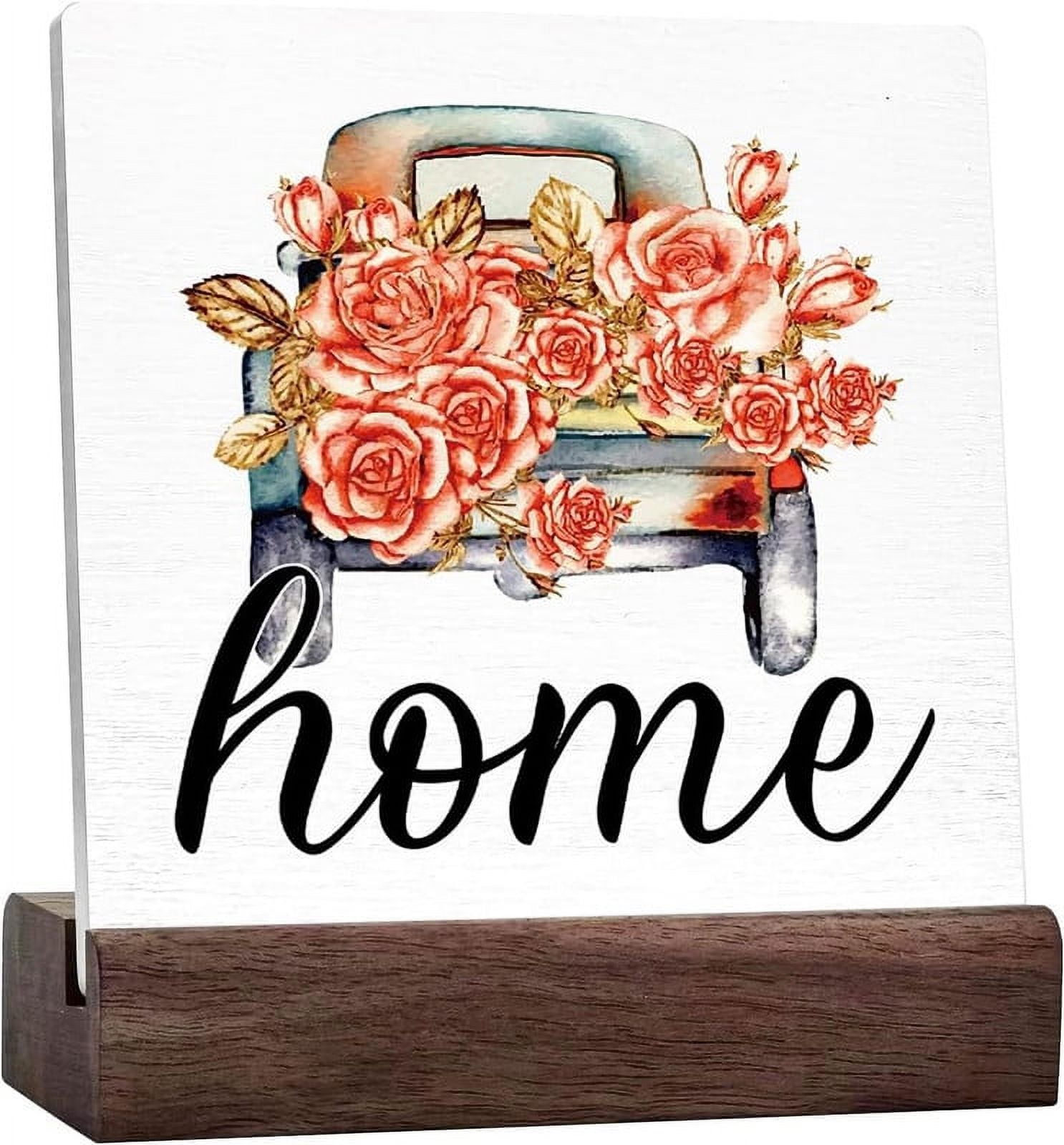 Spring Desk Decor,Home Sign Floral Truck Wood Block Plaque Box Sign For ...