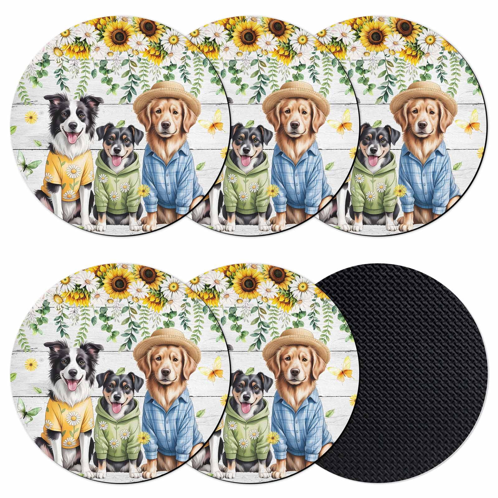 Spring Dog Coasters Set of 6, Absorbent Coasters for Drinks, Sunflower ...