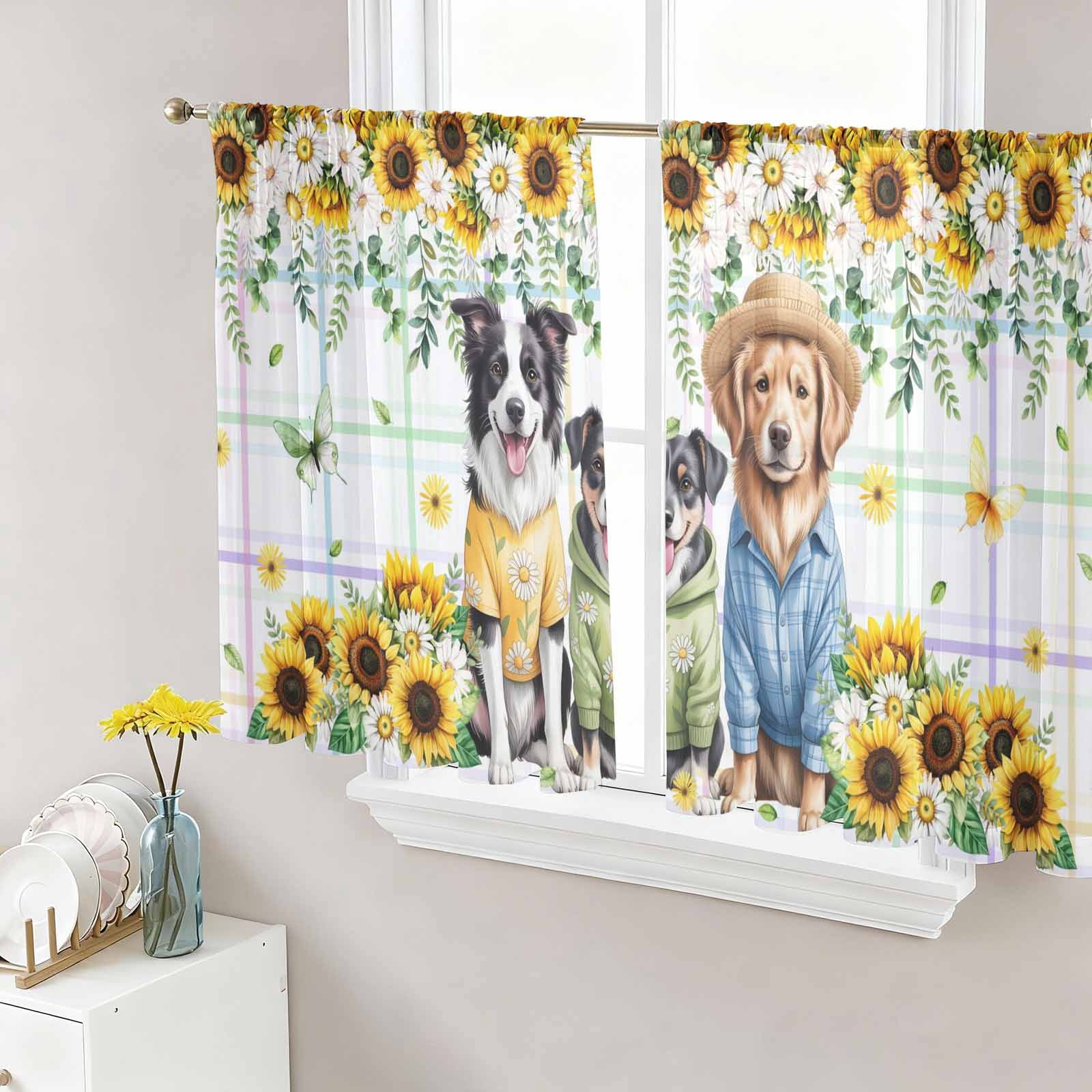 Spring Dog Sheer Curtains 45 Inch Length 2 Panels Set, Sunflower Daisy ...