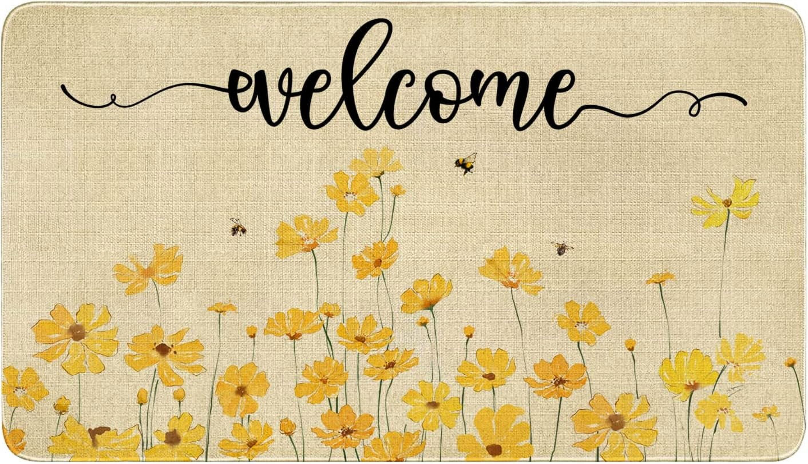 Spring Door Mat,Yellow Flower Floral Bee Indoor Outdoor Non-Slip ...