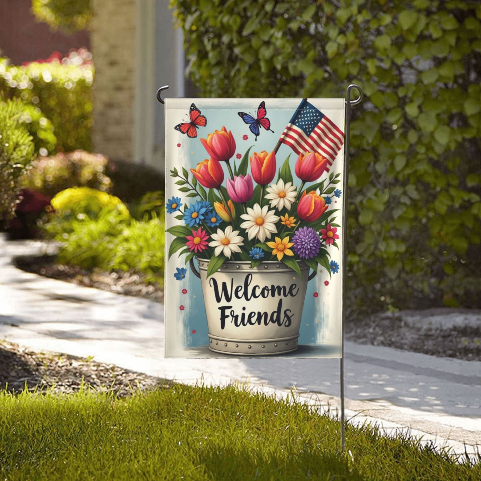 Spring Double Sided Garden Flag Vintage Patriotic Flower Usa Flag ...