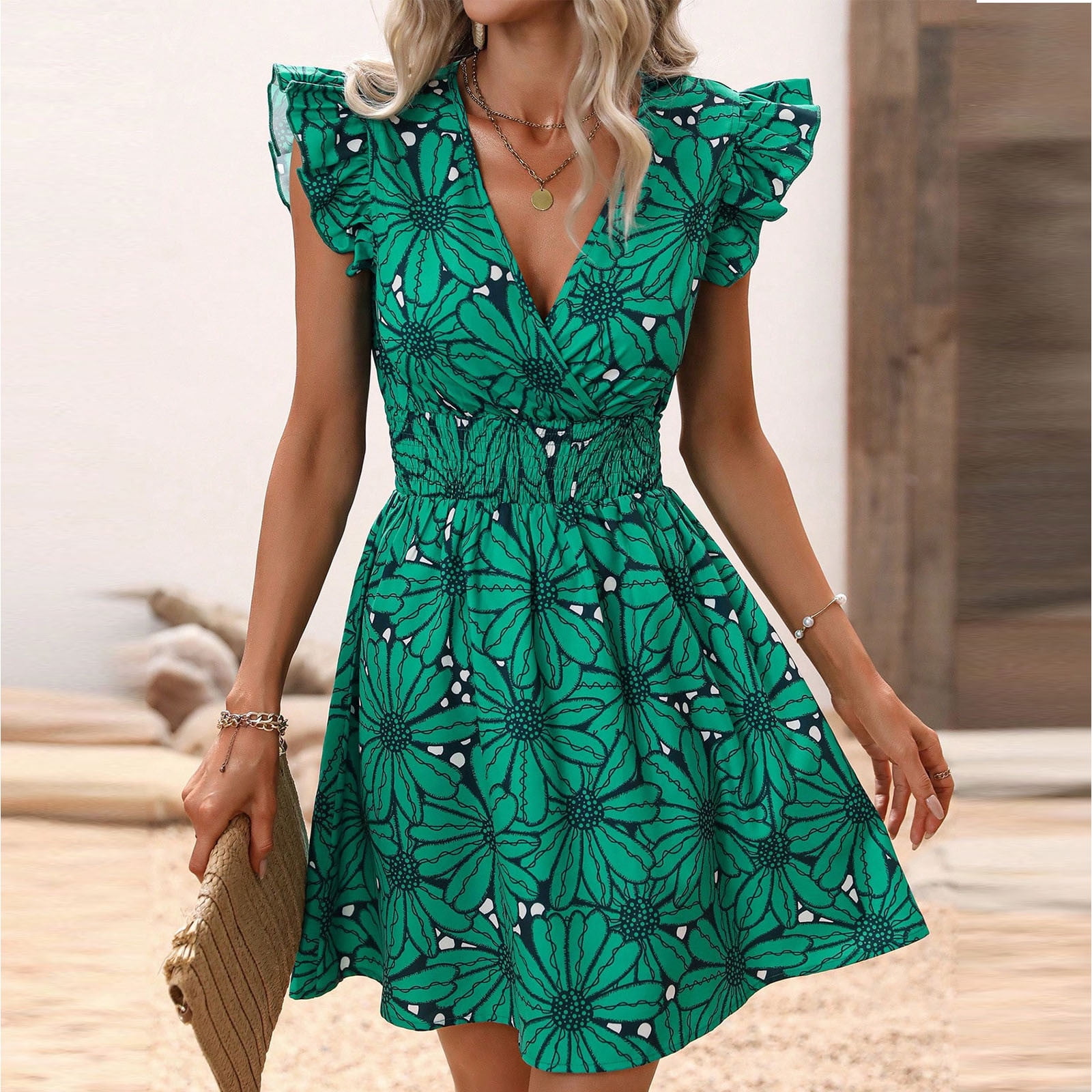 Spring Dress for Women High Waist Winched Sexy Lotus Leaf Sleeves Gree ...