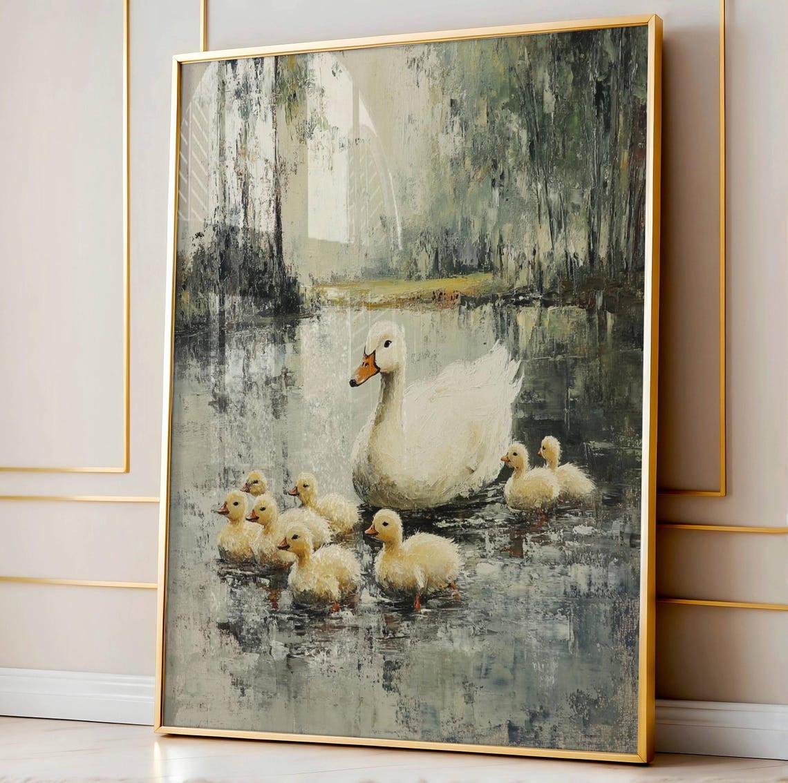 Spring Ducks Vintage Art, Rustic Easter Wall Decor, Cottagecore Beige Neutral, Oil Painting ...
