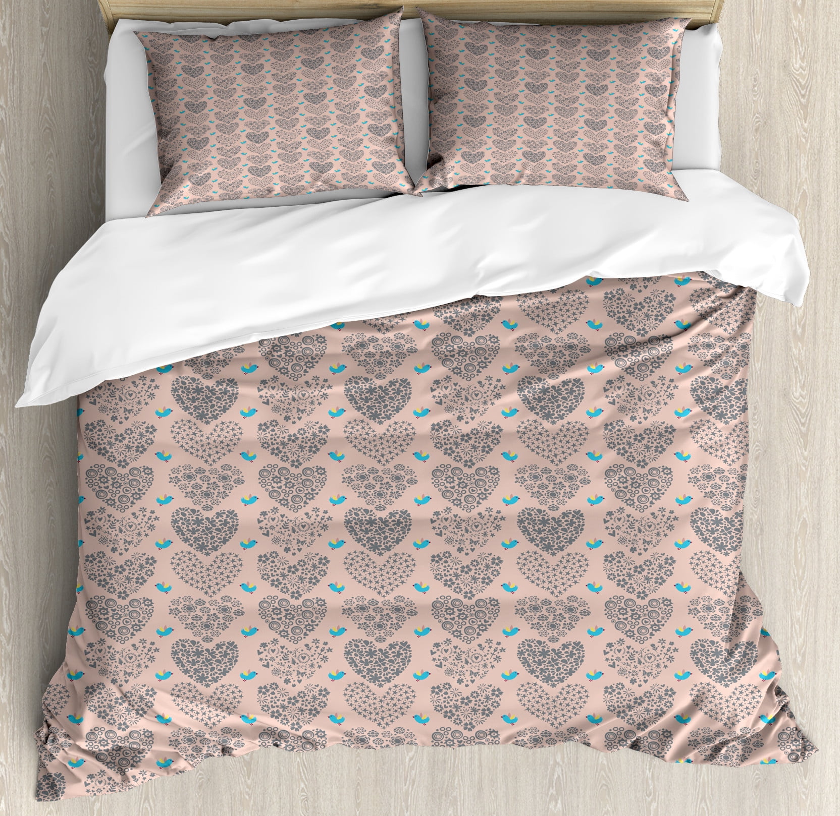Spring Duvet Cover Set, Birds and Floral Hearts Spreading Fresh Vibes ...