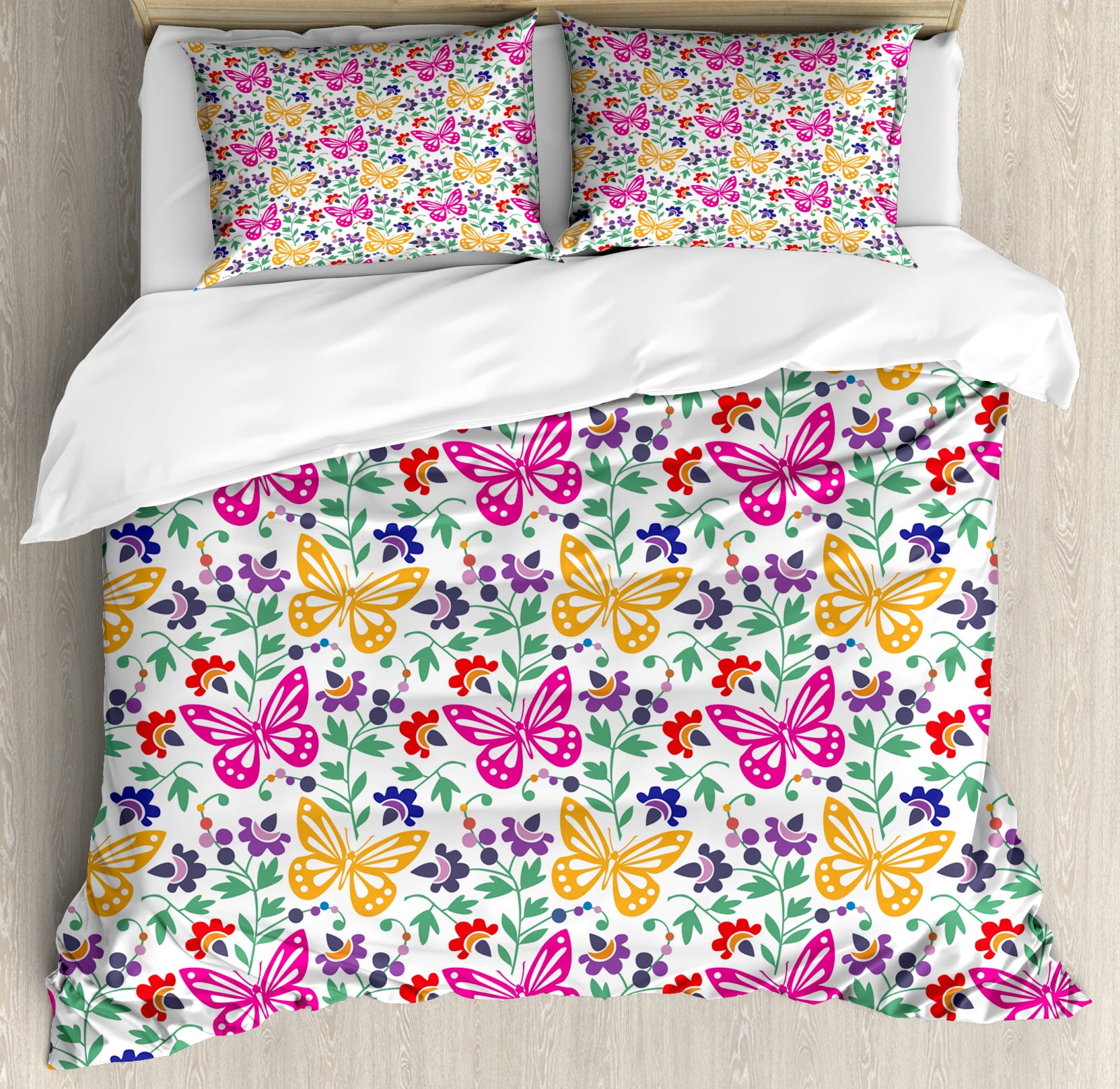 Spring Duvet Cover Set, Flowers Butterflies Plants Vibrant Summer ...