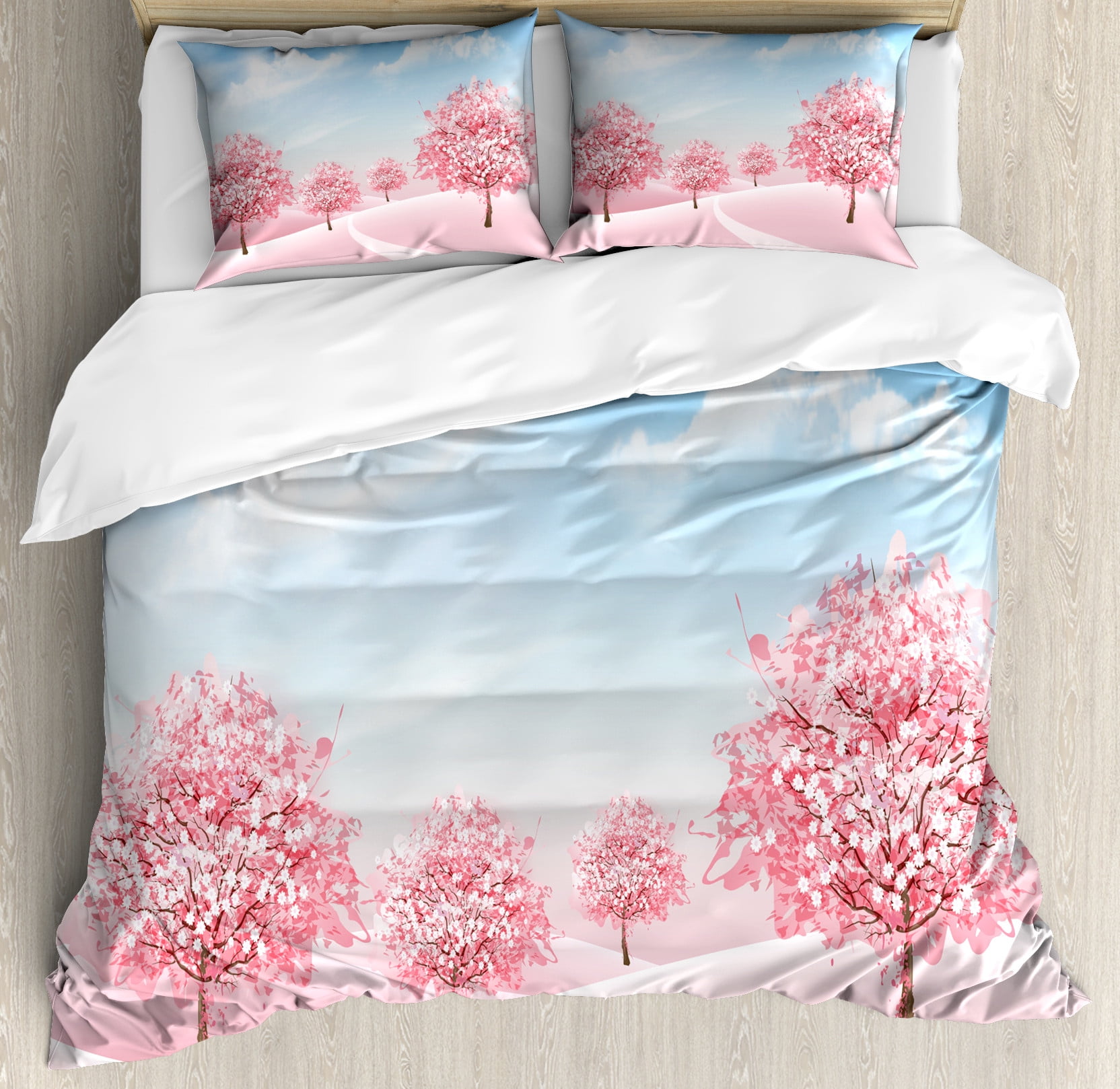 Spring Duvet Cover Set, Nature Landscape of Blooming Sakura Trees and a ...