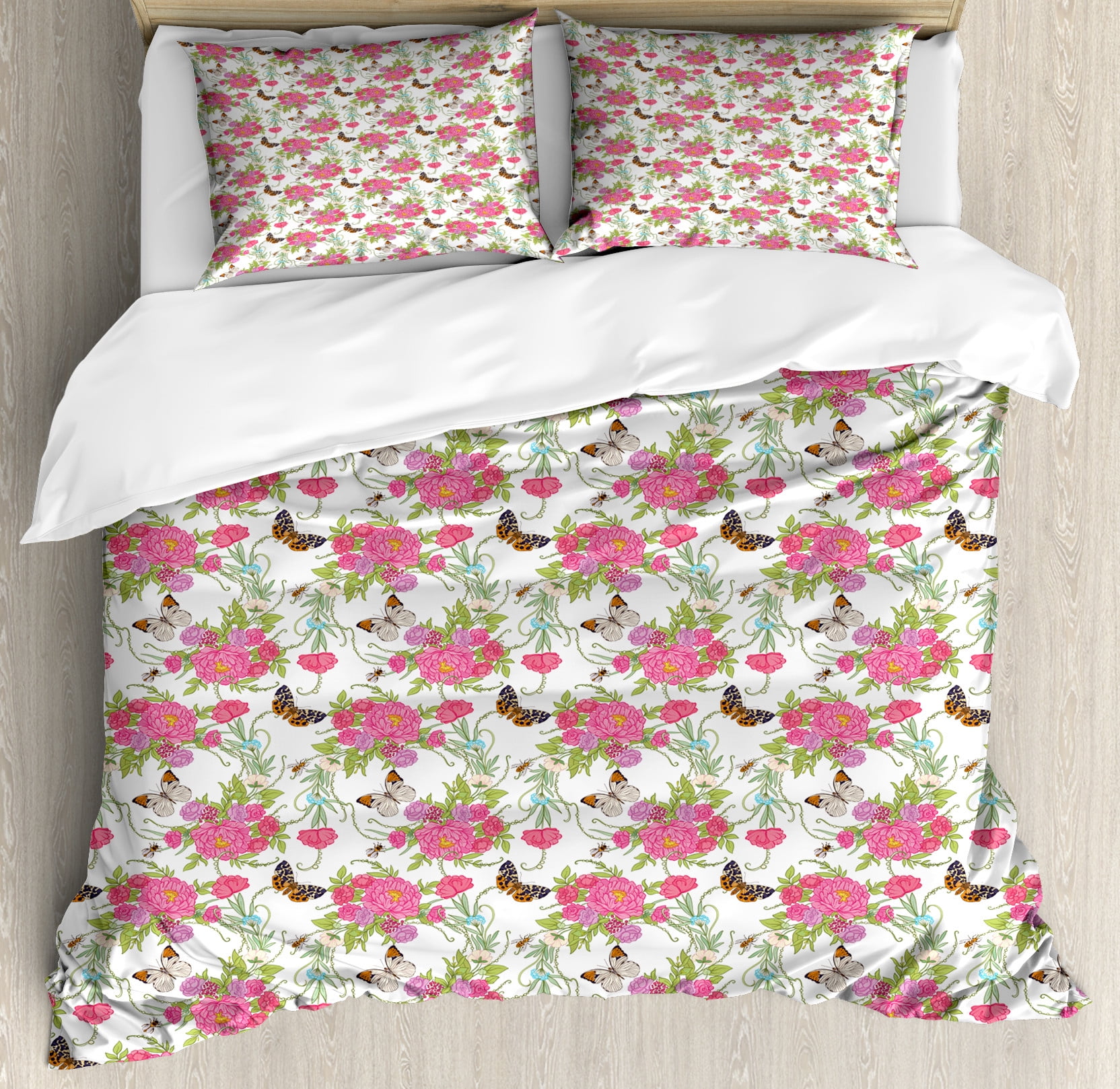 Spring Duvet Cover Set, Rhythmic Insects Butterflies on Flowers ...