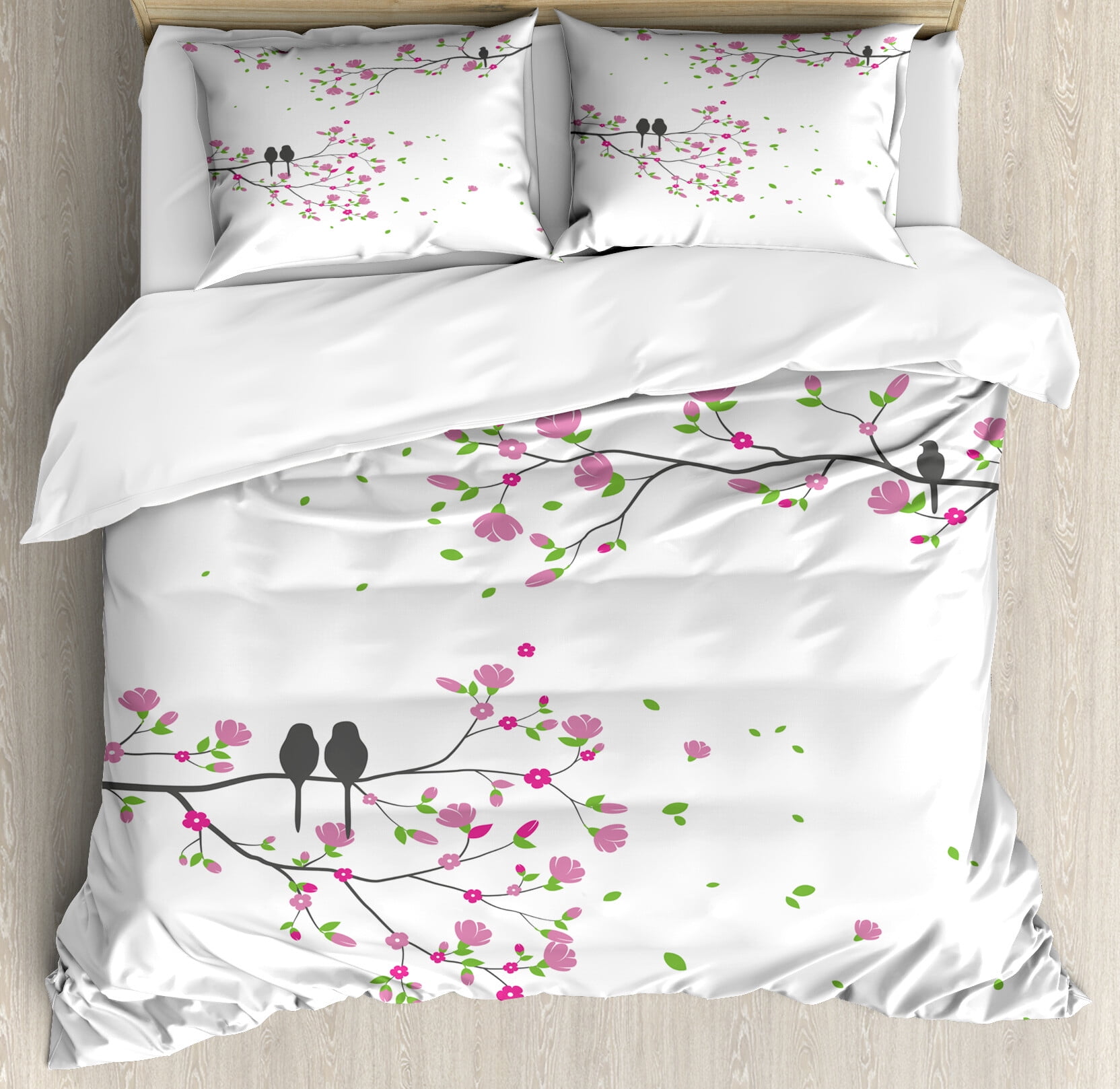 Spring Duvet Cover Set, Tree Branches with Birds and Flowers Blossoming ...