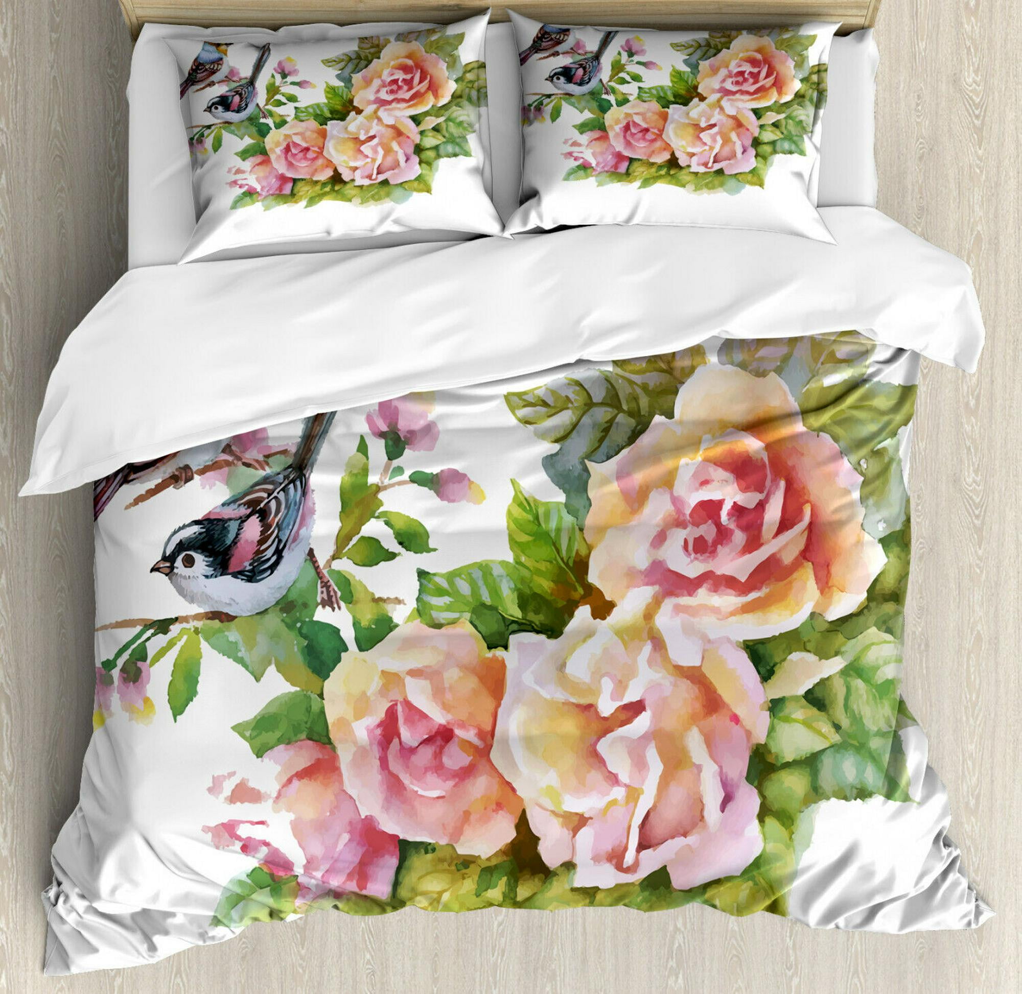 Spring Duvet Cover Set with Pillow Wild Exotic Birds Roses Print ...