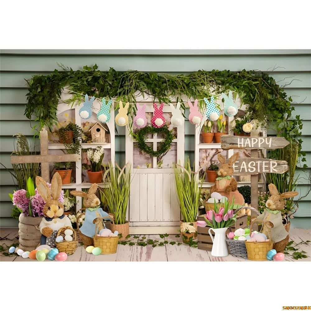 Spring Easter Baby Shower Backdrop Wood Door Floor Rabbit Grass Flower ...