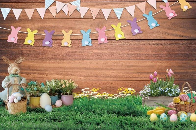 Spring Easter Backdrop Blue Wooden Doors Brick Wall Bunny Rabbit Eggs ...