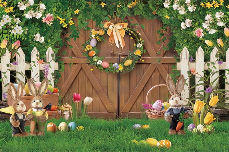 Spring Easter Backdrop Blue Wooden Doors Brick Wall Bunny Rabbit Eggs ...