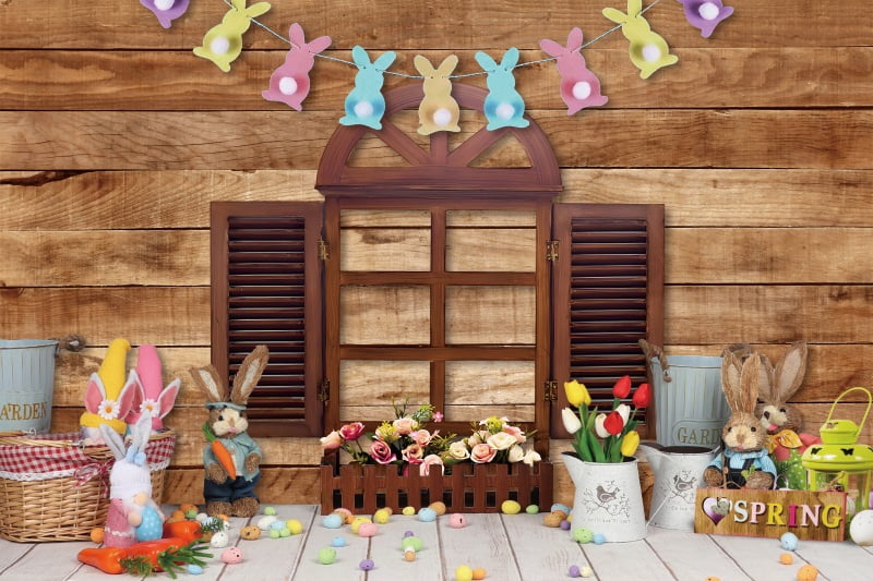 Spring Easter Backdrop Blue Wooden Doors Brick Wall Bunny Rabbit Eggs ...
