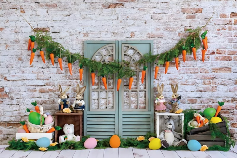 Spring Easter Backdrop Blue Wooden Doors Brick Wall Bunny Rabbit Eggs ...