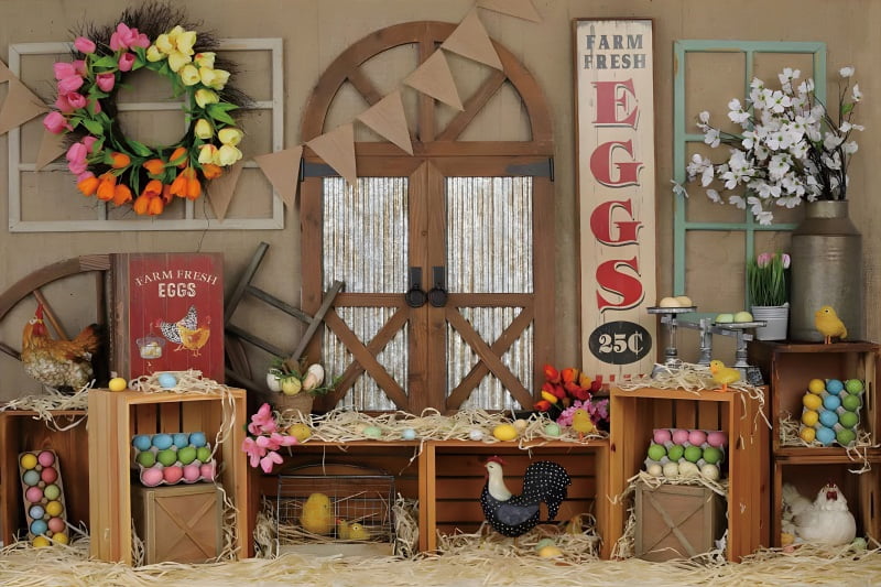 Spring Easter Backdrop Blue Wooden Doors Brick Wall Bunny Rabbit Eggs ...