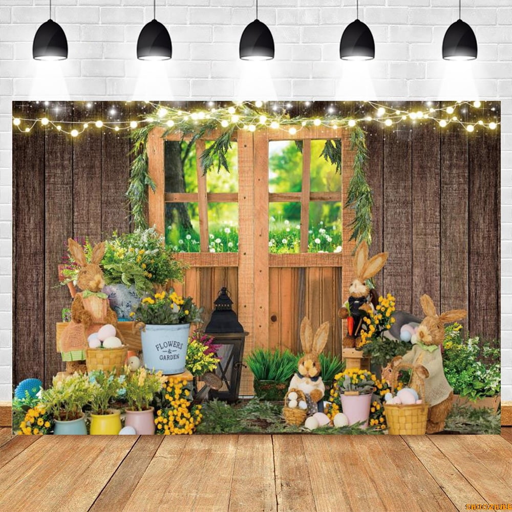 Spring Easter Backdrop Bunny Eggs Flowers Window Baby Shower Birthday ...