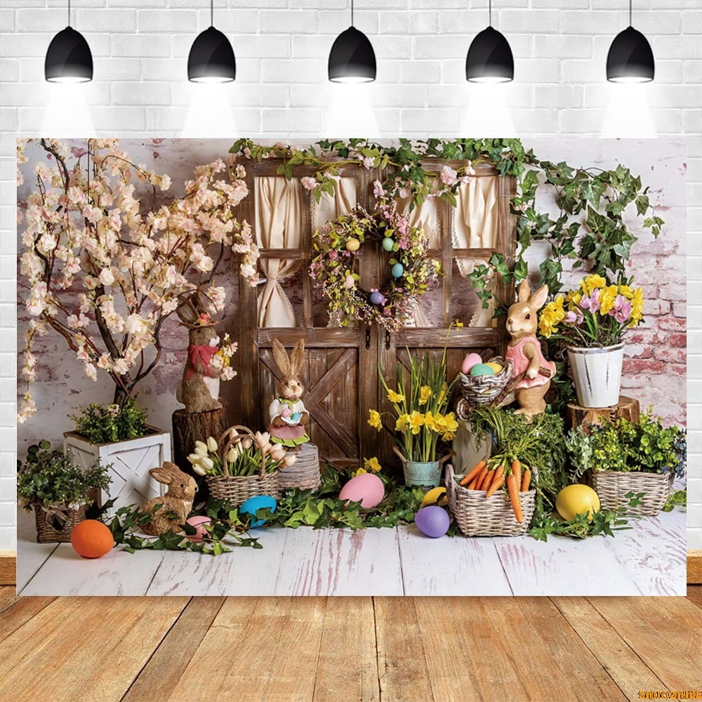 Spring Easter Backdrop Bunny Eggs Flowers Window Baby Shower Birthday ...