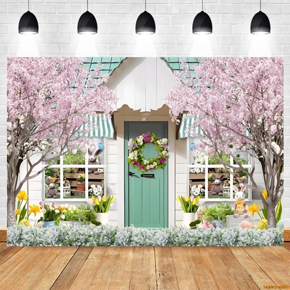 Spring Easter Backdrop Bunny Eggs Flowers Window Baby Shower Birthday ...