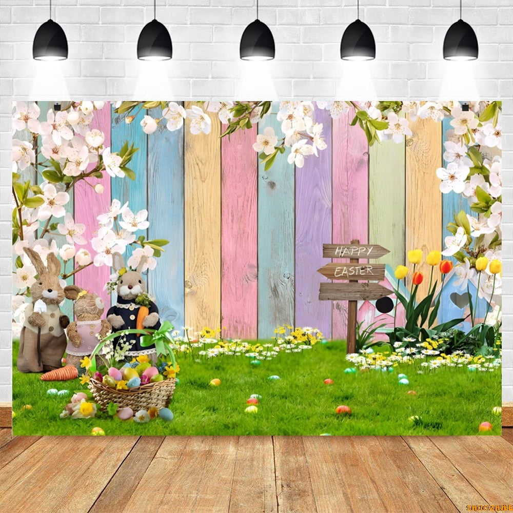 Spring Easter Backdrop Bunny Eggs Flowers Window Baby Shower Birthday ...