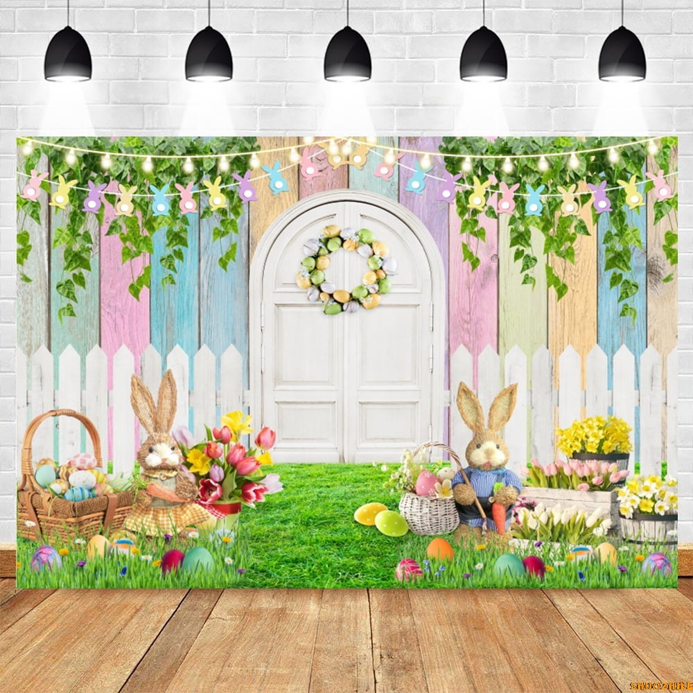 Spring Easter Backdrop Bunny Eggs Flowers Window Baby Shower Birthday ...