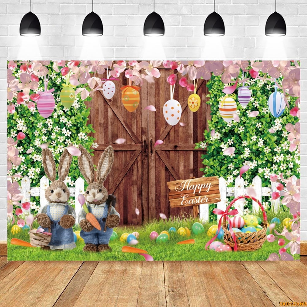 Spring Easter Backdrop Bunny Eggs Flowers Window Baby Shower Birthday ...