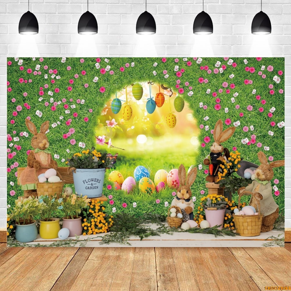 Spring Easter Backdrop Bunny Eggs Flowers Window Baby Shower Birthday ...
