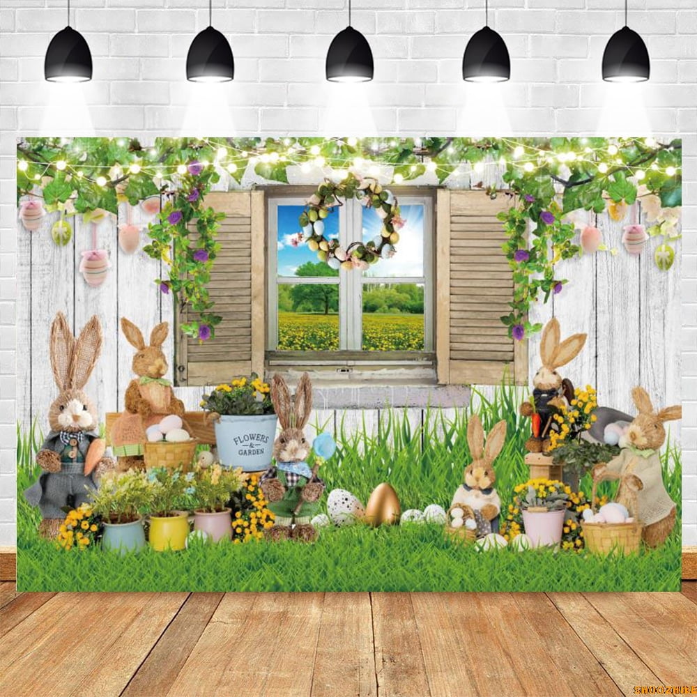 Spring Easter Backdrop Bunny Eggs Flowers Window Baby Shower Birthday ...