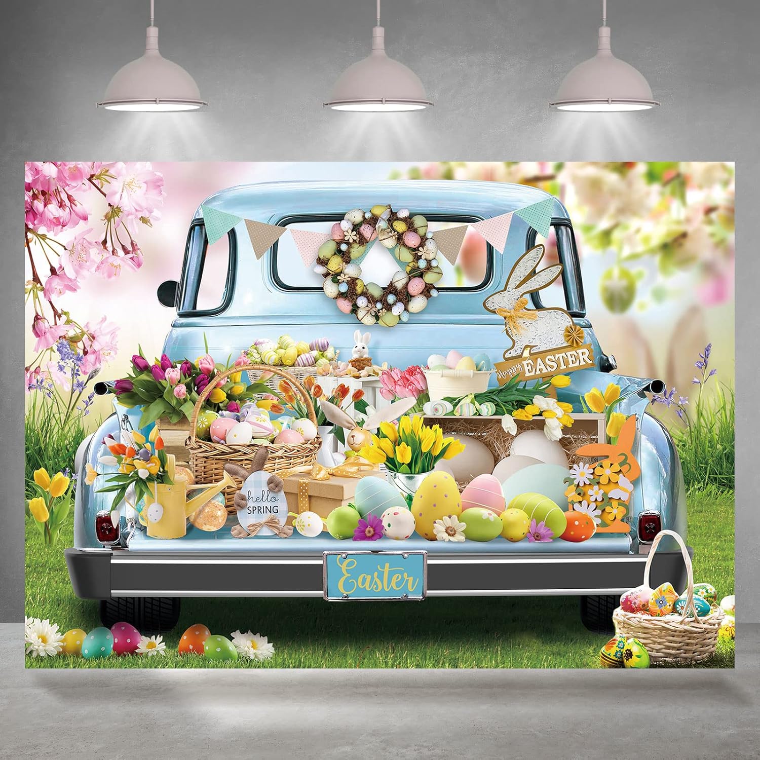 Spring Easter Backdrop Car Colorful Eggs Bunny Rabbit Flowers Happy ...