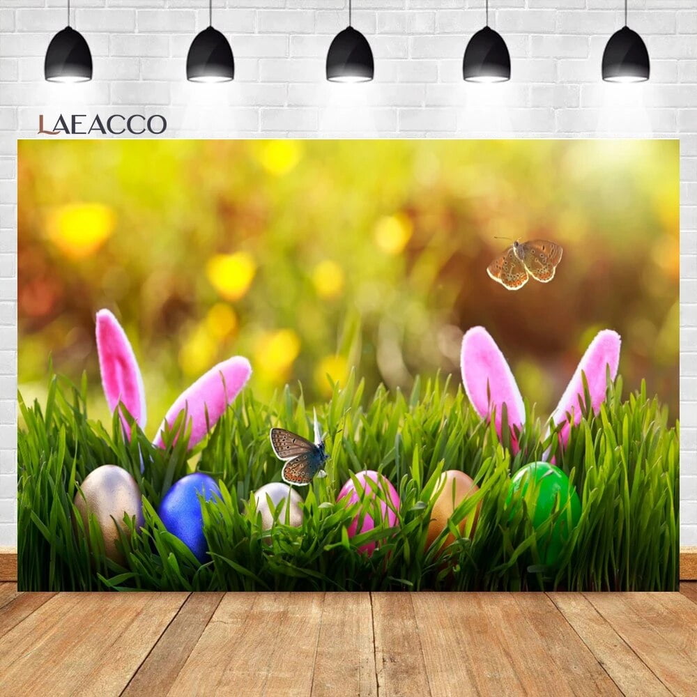 Spring Easter Backdrop Cartoon Rabbit Butterfly Colorful Eggs Grass ...