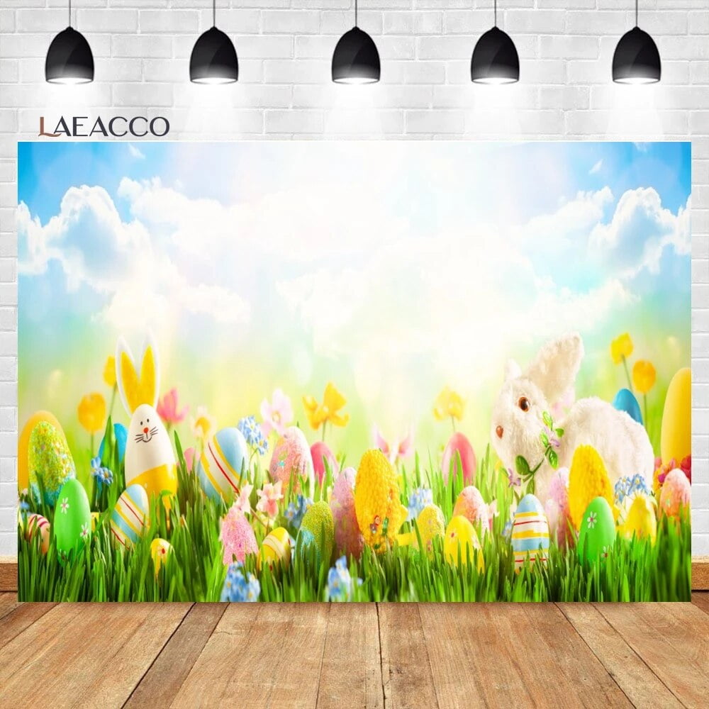 Spring Easter Backdrop Cartoon Rabbit Butterfly Colorful Eggs Grass ...