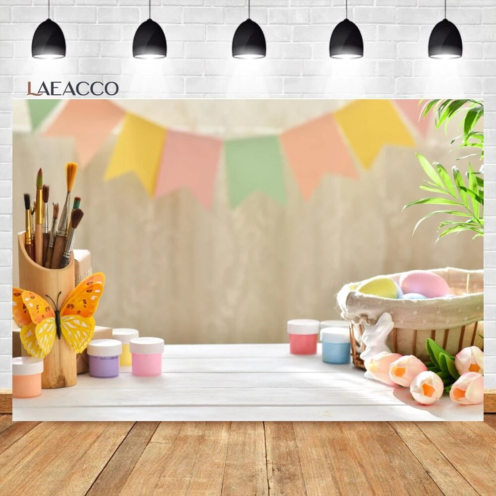 Spring Easter Backdrop Cartoon Rabbit Butterfly Colorful Eggs Grass ...