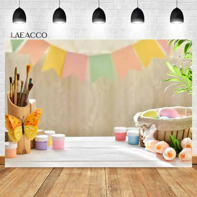 Spring Easter Backdrop Cartoon Rabbit Butterfly Colorful Eggs Grass ...