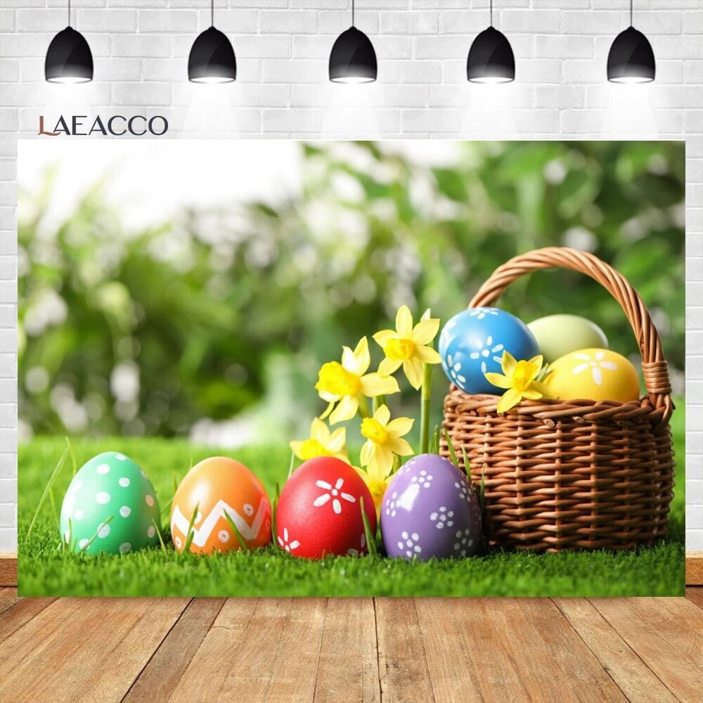 Spring Easter Backdrop Cartoon Rabbit Butterfly Colorful Eggs Grass ...