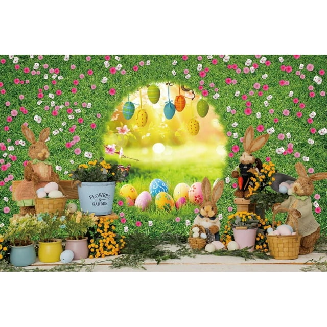 Spring Easter Backdrop Colorful Eggs Blossoms Flower Grass Wall Kids ...