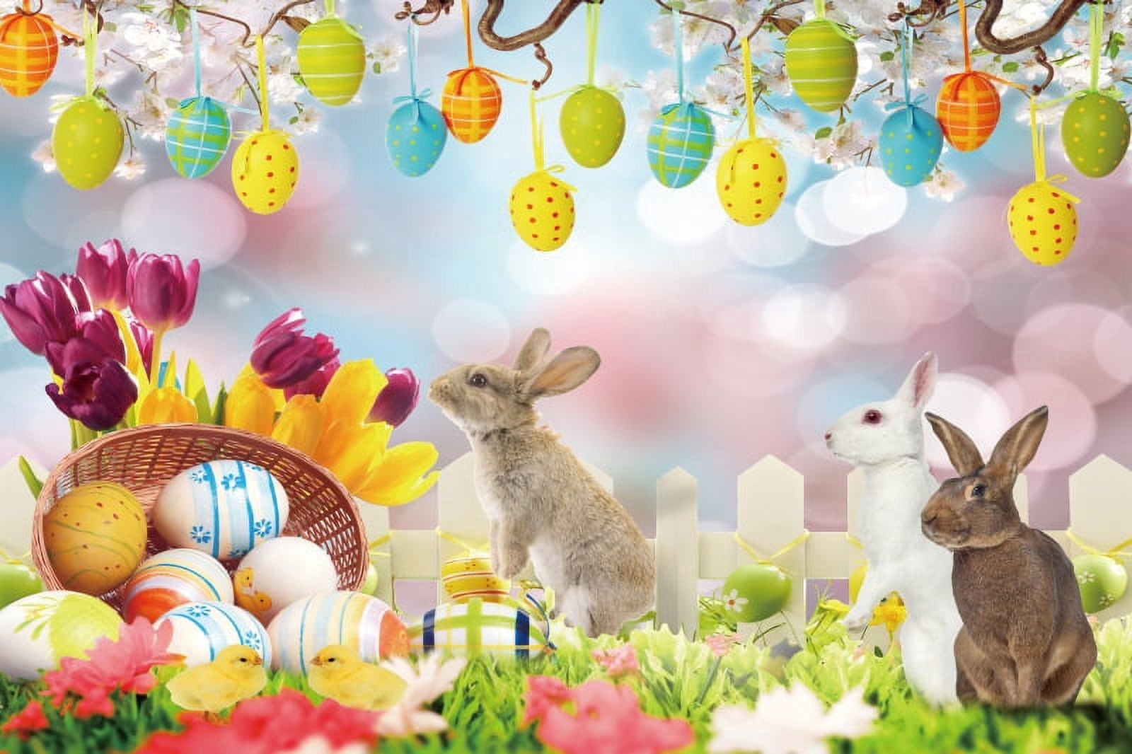 Spring Easter Backdrop Dreamy Light Bokeh Garden Fence Colorful Eggs ...