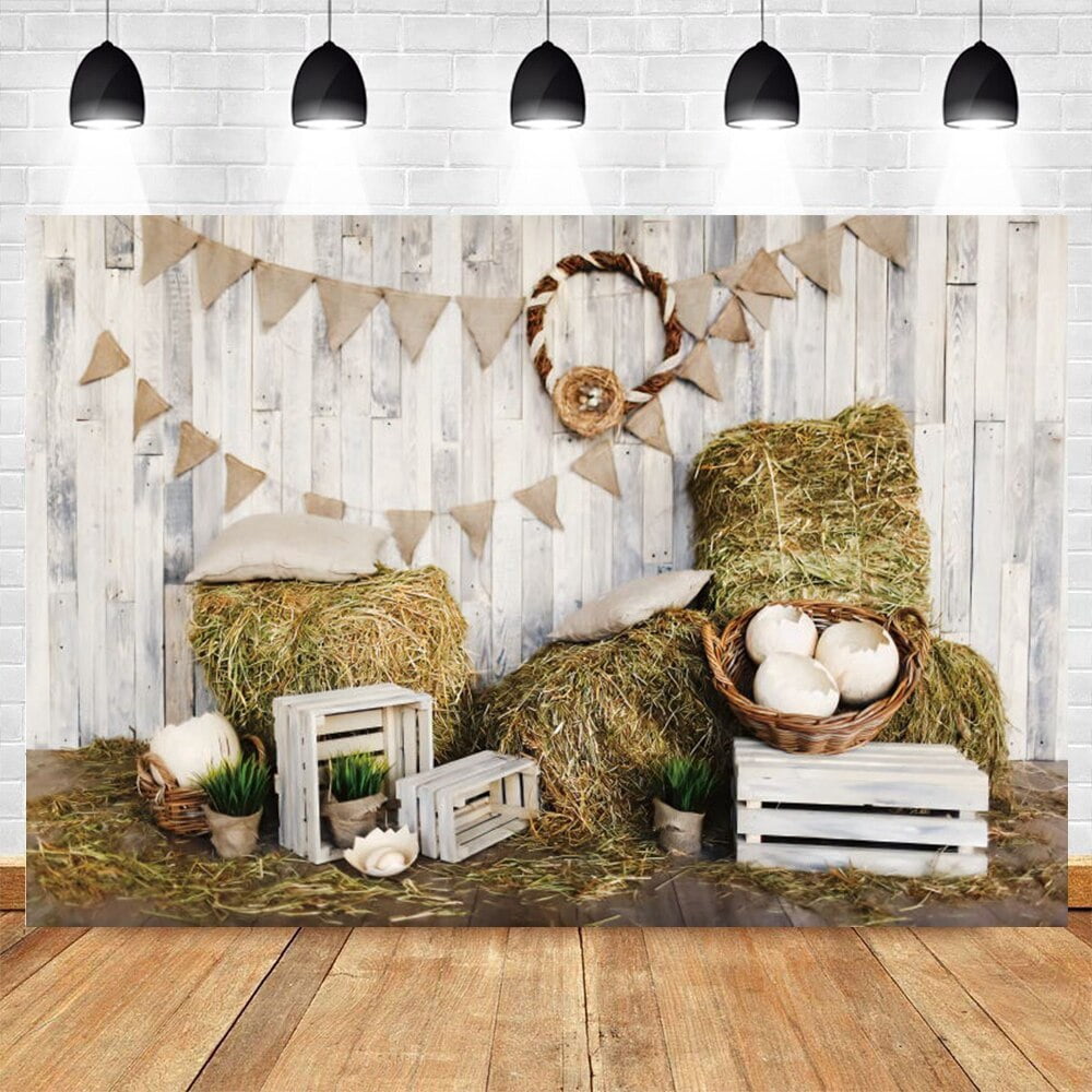 Spring Easter Backdrop Eggs Hay Bales Farm Barn Photography Background ...