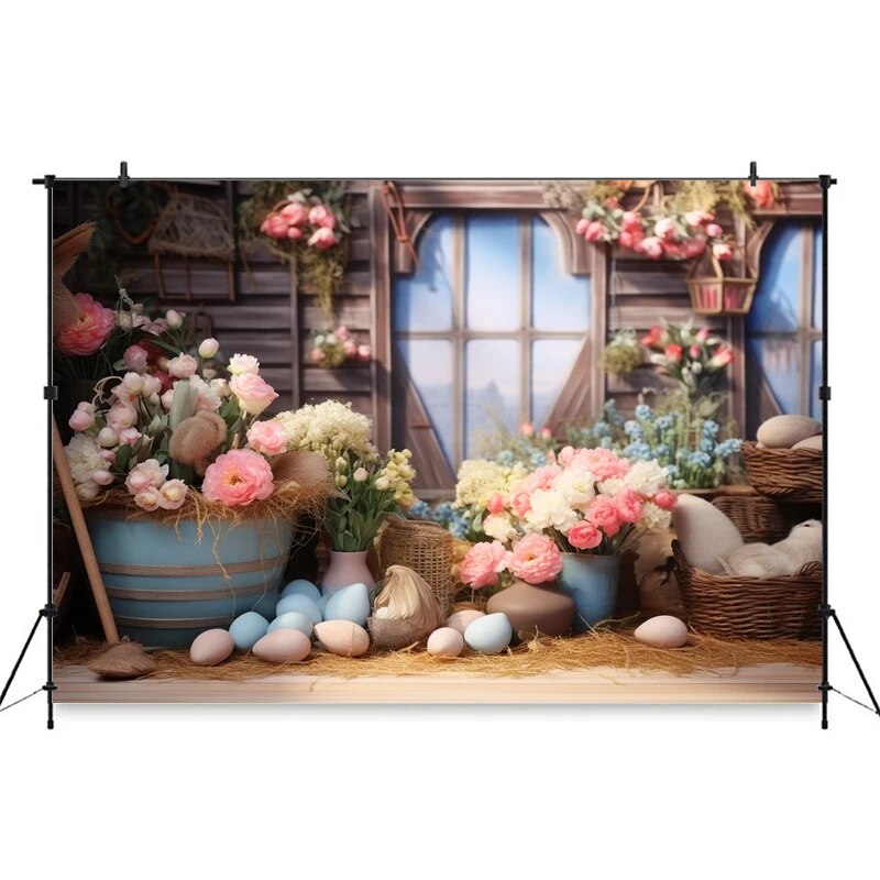 Spring Easter Backdrop For Photography Flower House Door Egg Rabbit ...