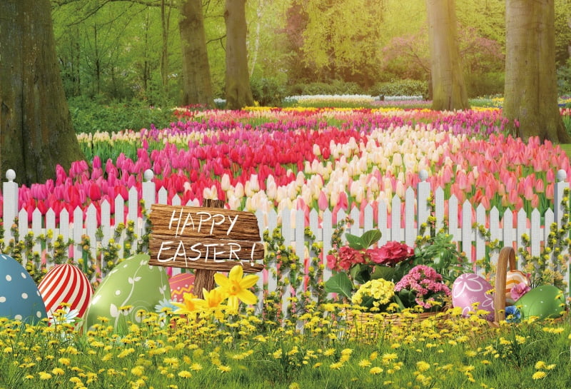 Spring Easter Backdrop Forest Garden Colorful Flower Green Grass Eggs ...