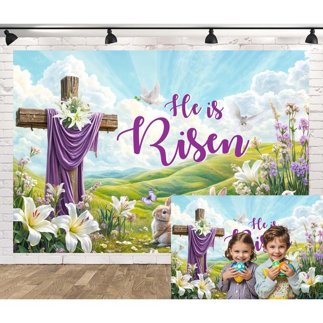 Spring Easter Backdrop He is Risen Cross Lily Bunny Christian ...