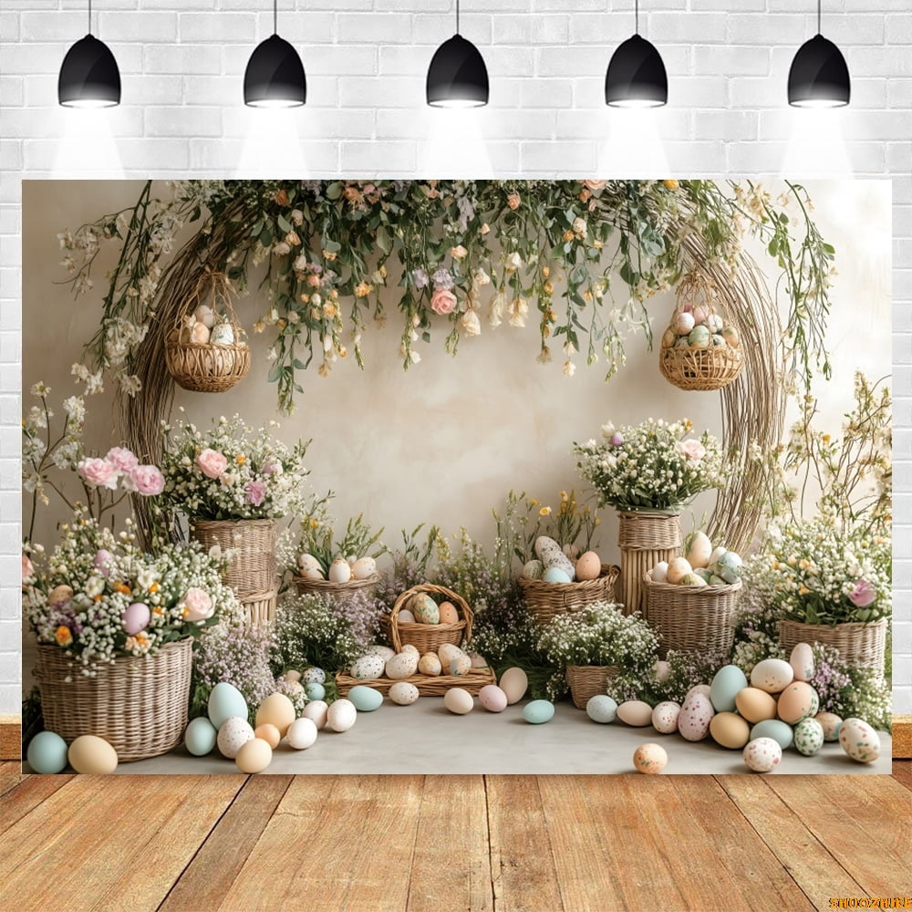 Spring Easter Backdrop Photography Boho Flowers Arch Door Eggs Baby ...